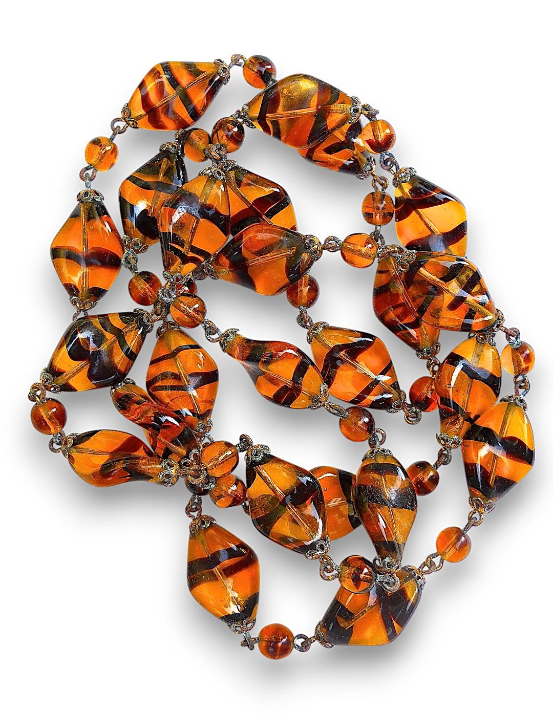Czech Tiger Stripe Necklace, Golden Art Glass Beads Curve Twisted, 34 ...