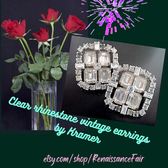 KRAMER Clear Rectangle Rhinestone KRAMER Earrings, Cl… - Gem