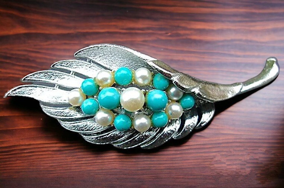CORO Turquoise & Faux Pearl Brooch Leaf, Silver Tone, Vintage - Etsy
