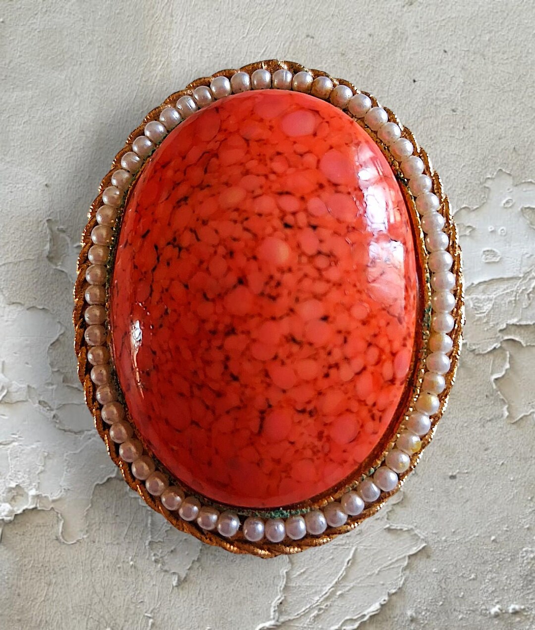 Vintage Hubbell Coral Glass Cameo-style Brooch, Faux Seed Pearl Frame ...