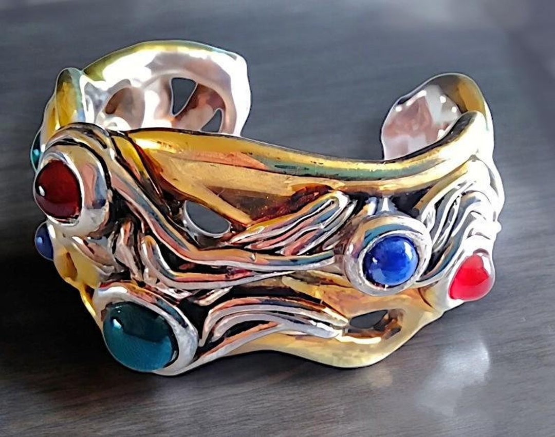Dramatic BAT AMI Sterling Cuff Bracelet, Gemstones, Modernist ...