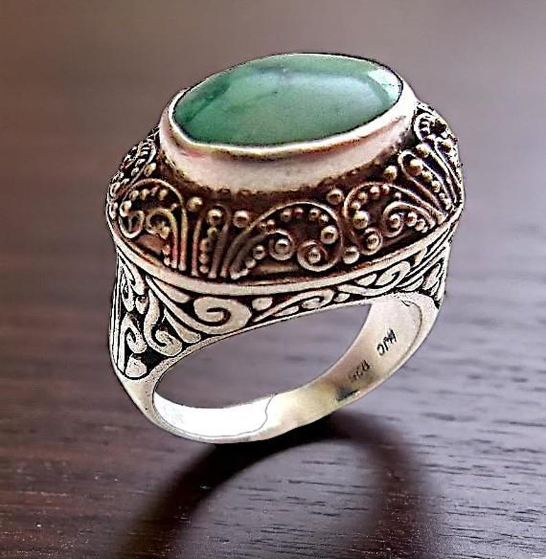 Vintage Samuel Behnam Green Jade Ring, Ornate Sterling Silver, Size 10 ...