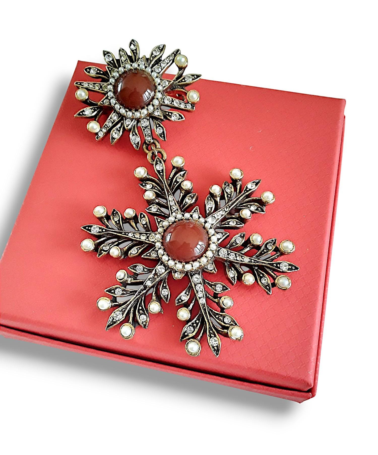 ZENTALL Dangle Brooch, Two-part Snowflake/floral Design With Carnelian ...