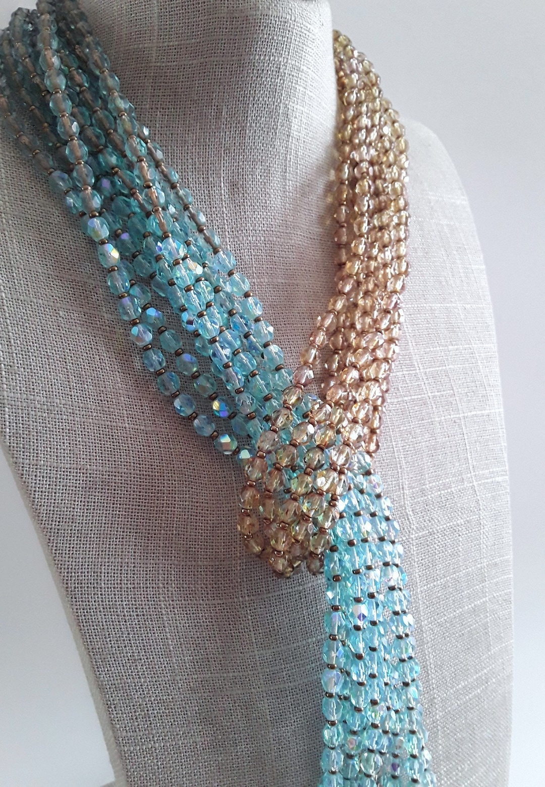 Long Crystal Lariat Necklace, Jayde Collection, Multi Strand Taupe ...