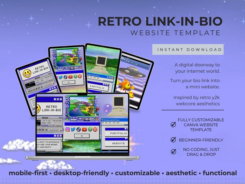 Retro Link in Bio Website Template | Cyber Webcore Y2K Canva Mobile ...