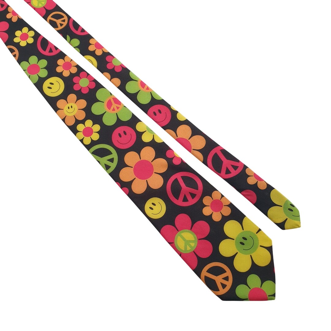Ralph Marlin Necktie 70s Peace Signs Smiley Faces Hippie Flowers ...