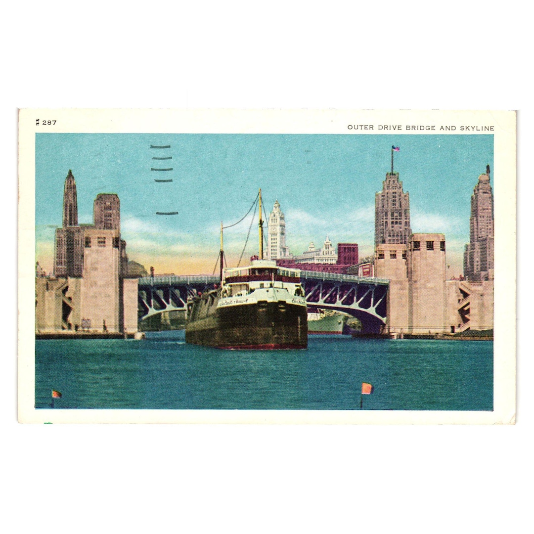 Outer Drive Bridge Skyline Postcard Chicago 1950 Double Deck Bascule ...