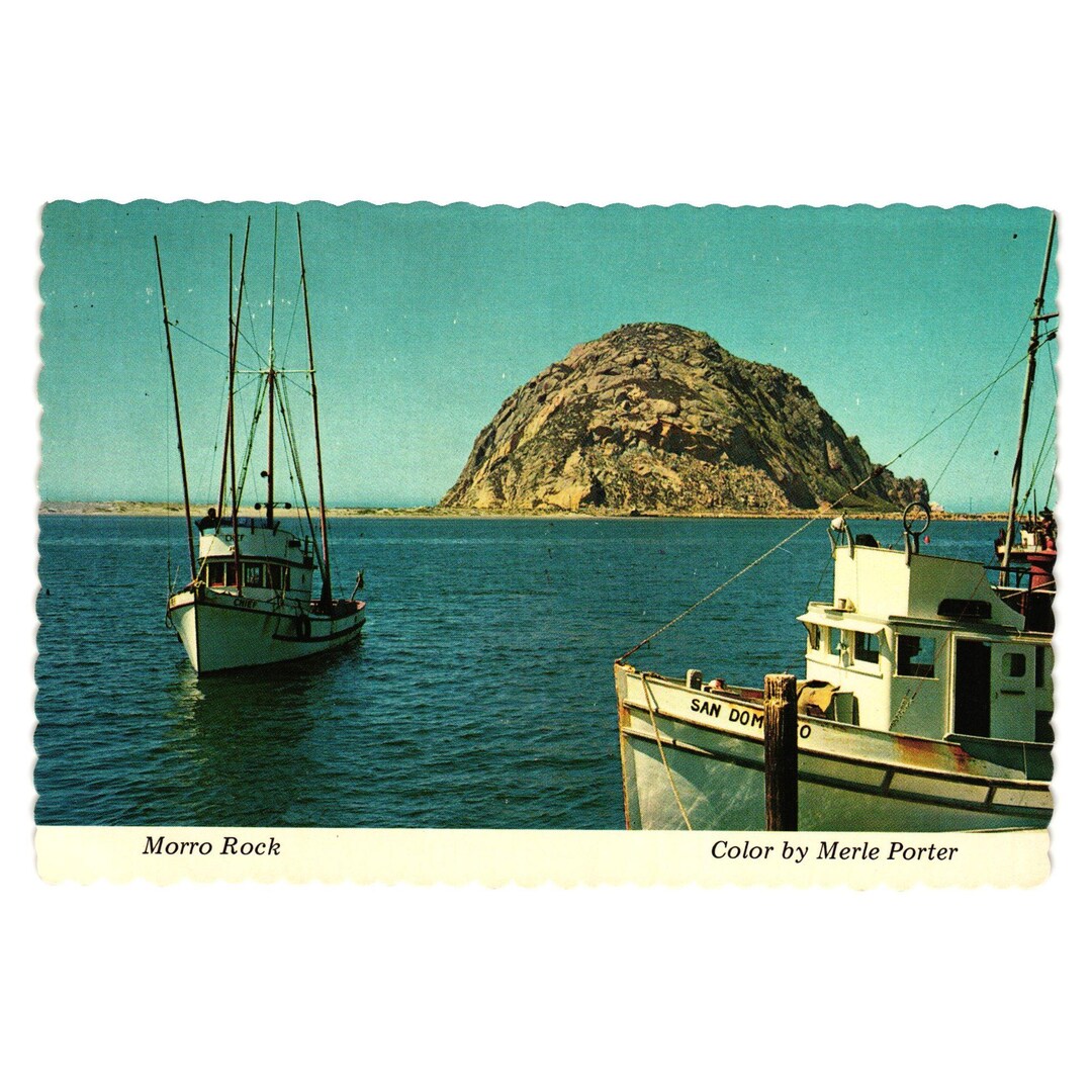 Vintage Morro Rock Bay CA Postcard Merle Porter Fishing Boats Scene ...