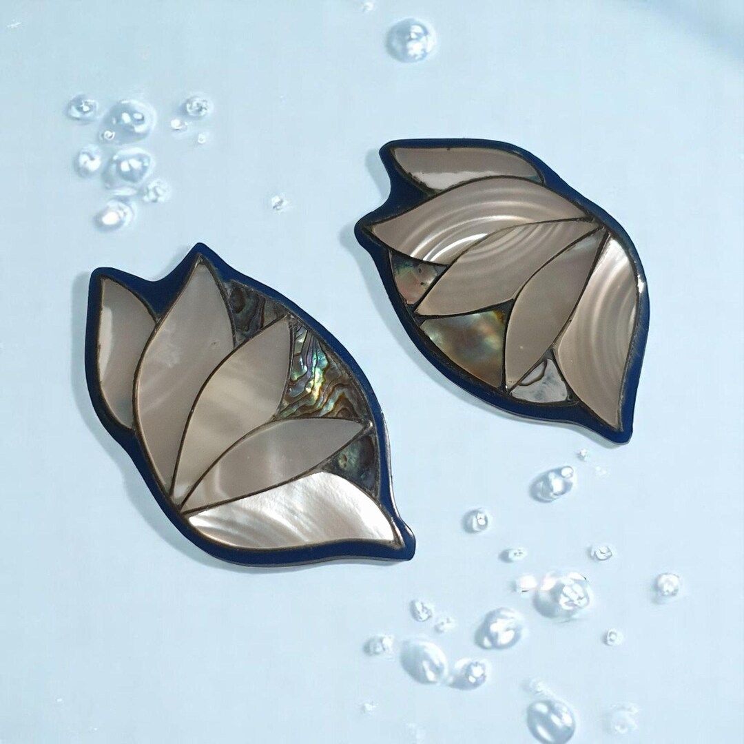 Lotus Leaf Shaped Mother of Pearl Abalone Inlay Post Earrings Acrylic ...