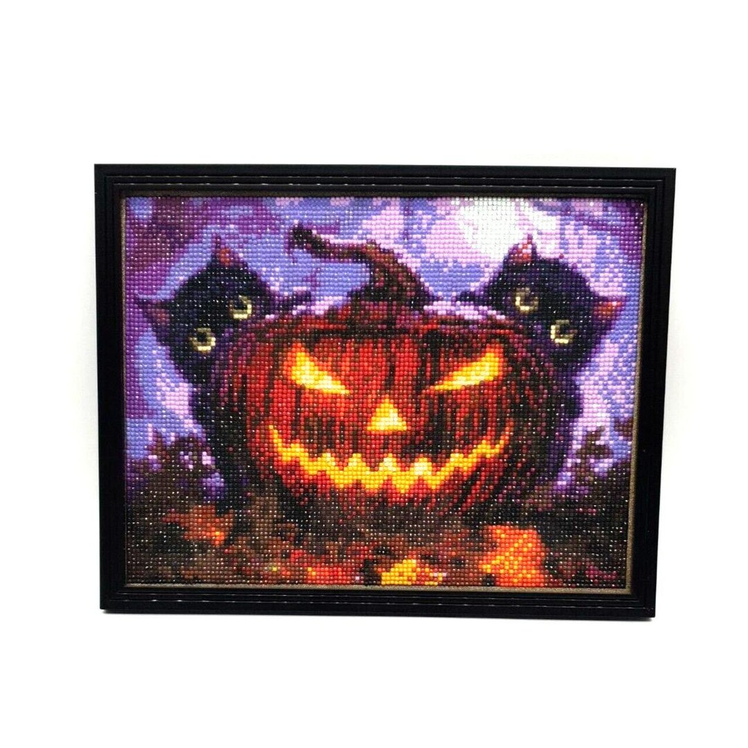 Halloween Diamond Painting Black Cats Pumpkin Framed 13.5 X 10.5 ...