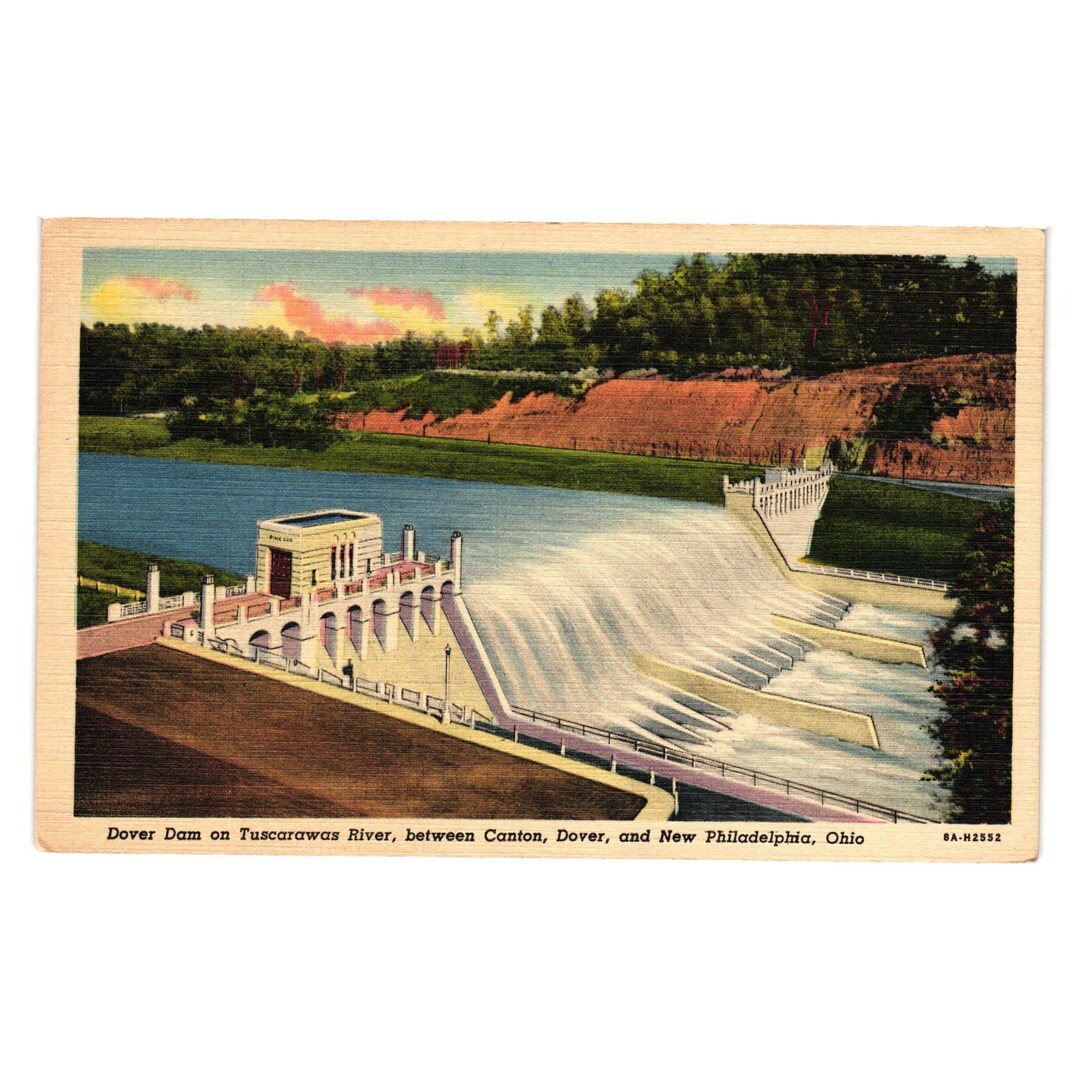 Dover Dam Postcard 1949 Vintage Tuscarawas River Canton New ...