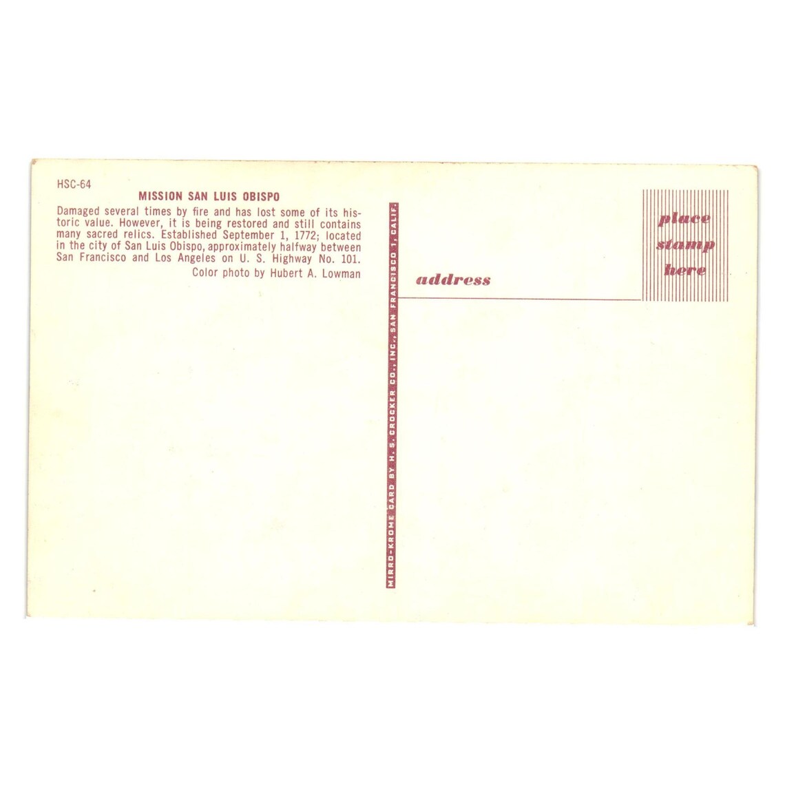 Vintage Postcard Mission San Luis Obispo Highway 101 San Francisco Los ...