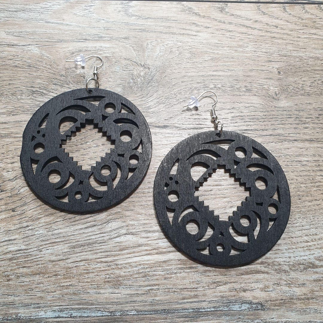 Large Round Black Laser Cut Wooden Earrings Women Gift Hook African ...