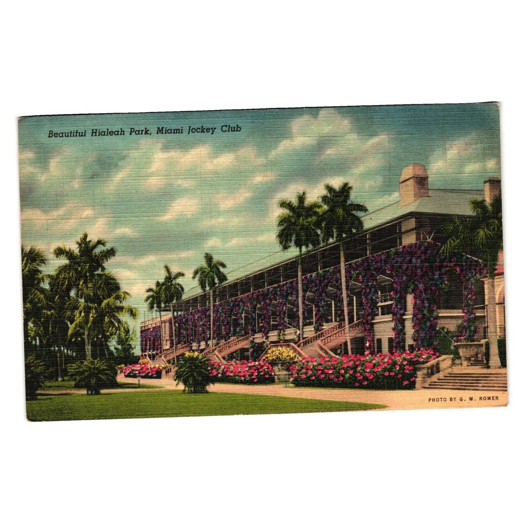 Vintage Hialeah Park Miami Jockey Club Postcard 1941 Linen Art Thomas R ...