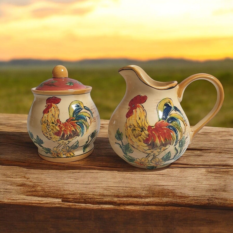 Rustic Rooster Ceramic Pitcher Sugar Bowl Set Lid Farm Core Kitchen ...