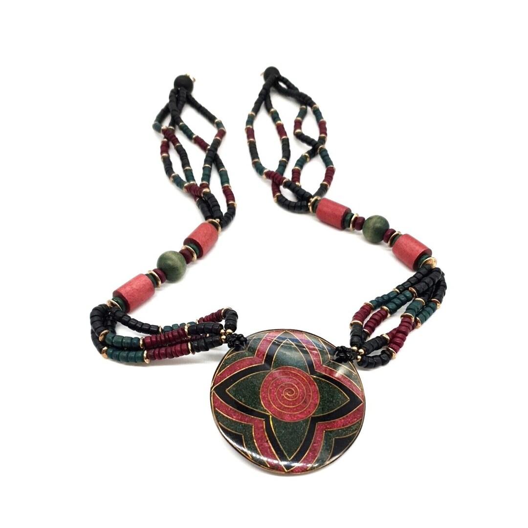 Necklace Womens African Inspired Long Neck Pendent Maroon Hunter Green ...