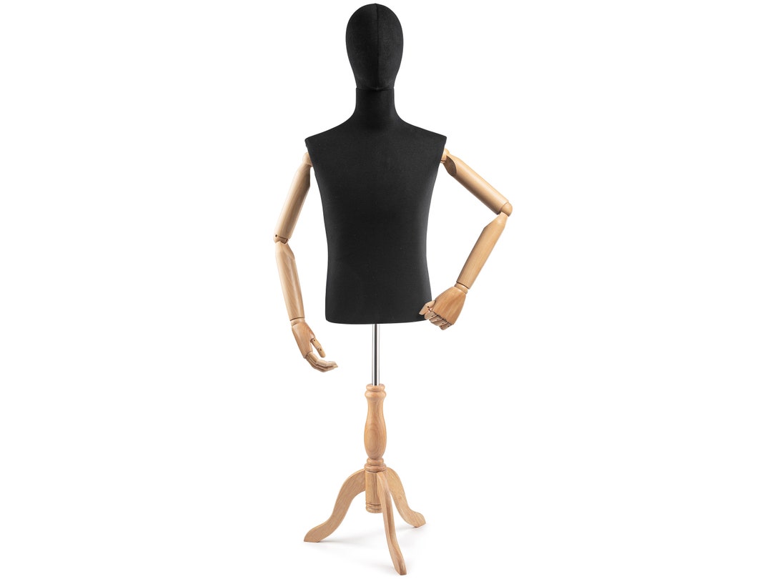 Male Display Dress Form in Black Jersey on Traditional Wood Tripod Base ...