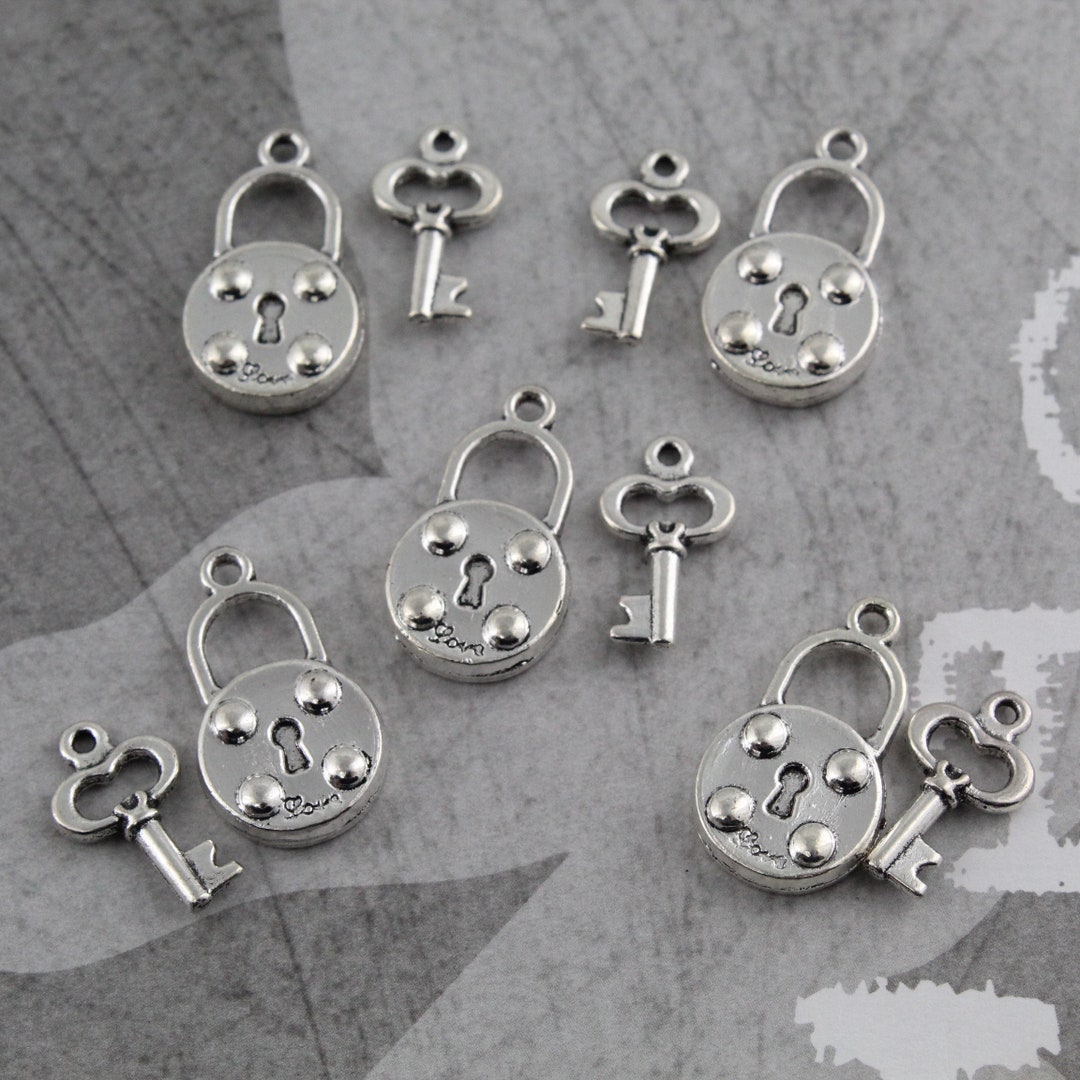 5 Sets Antique Silver Tiny Lock & Key Charms Vintage Style Lock and Key ...