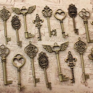 80 Key of Romantic Antique Brass Skeleton Keys Collection Wing Heart ...