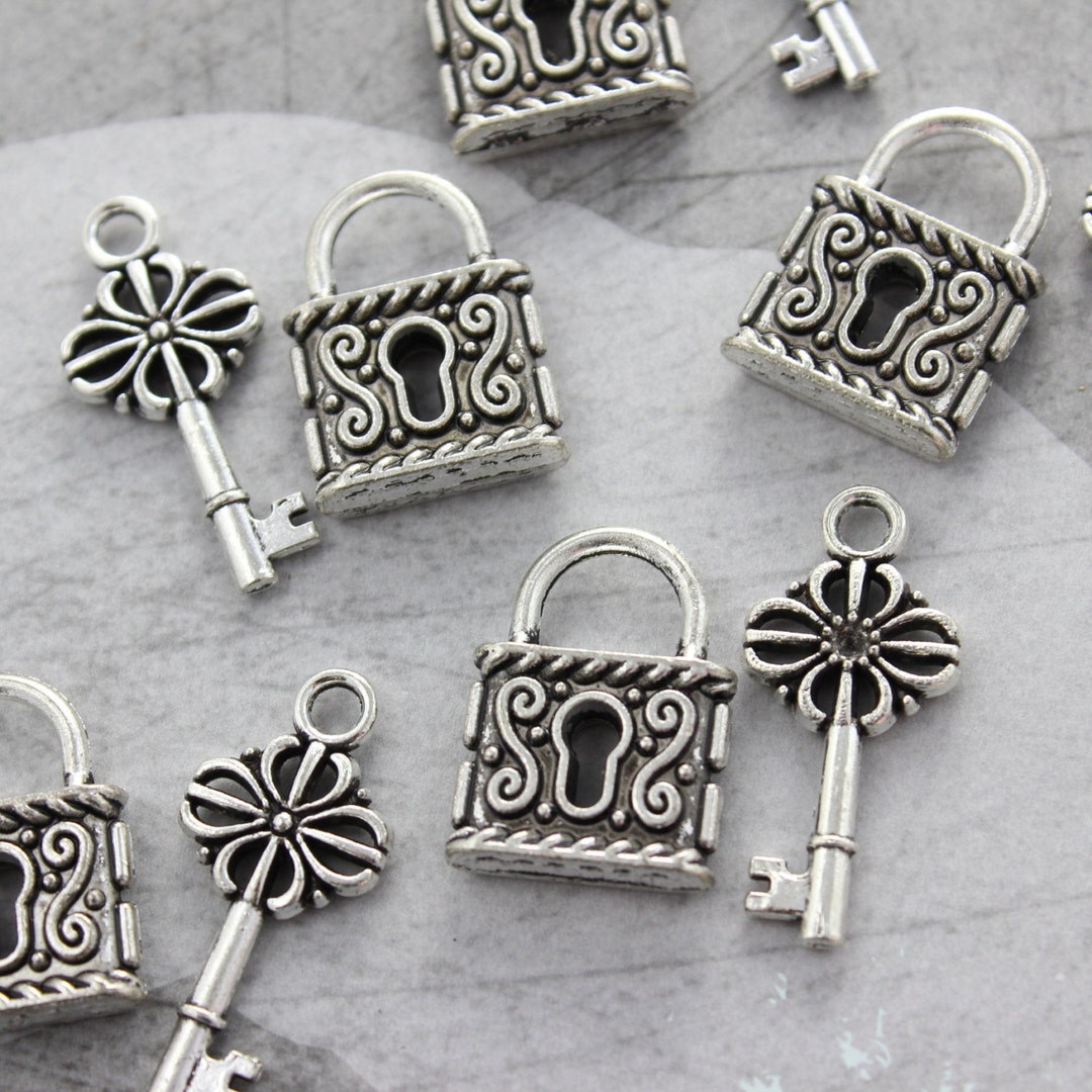 5 Sets Antique Silver Lock & Key Charms Vintage Style Double Sized - Etsy