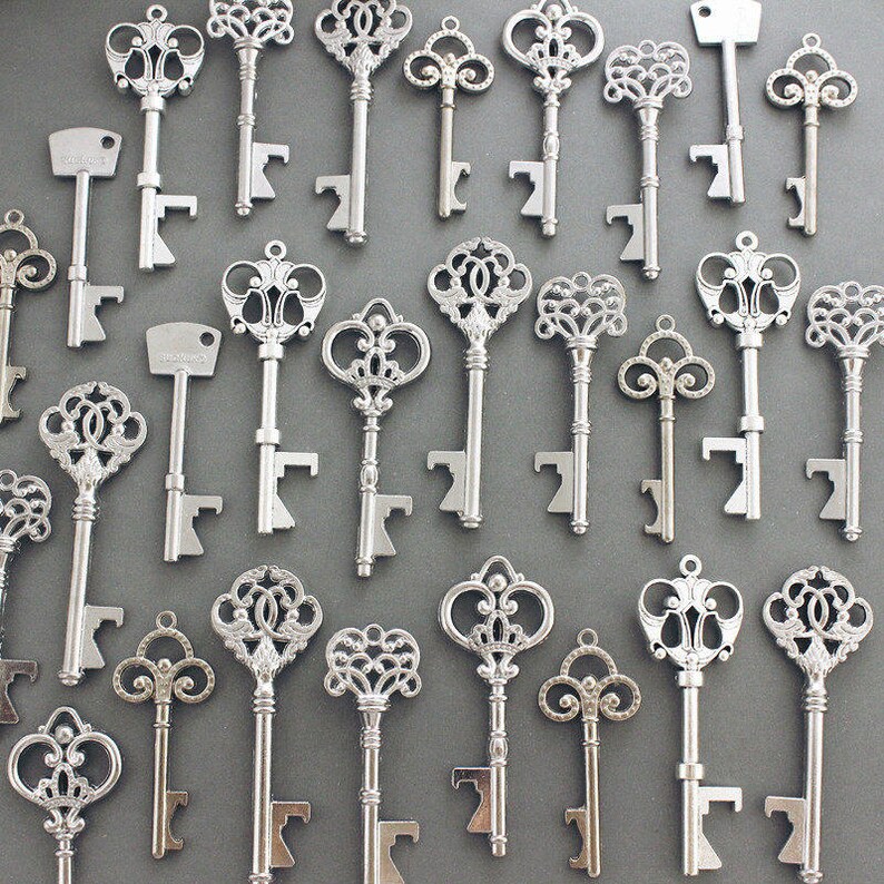 Mix 50pcs Antiqued Silver Skeleton Keys Bottle Openers Sized Alice in ...