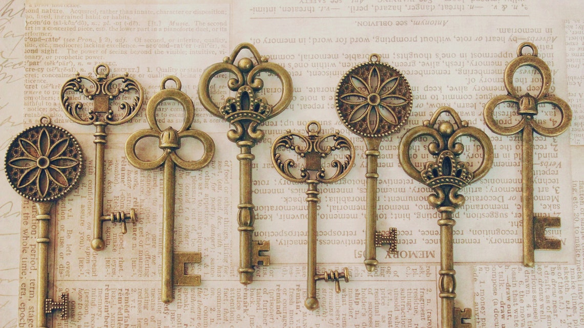 12 Large Skeleton Key Collection Antiqued Brass Double Sided - Etsy