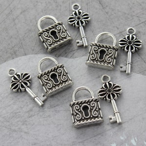 5 Sets Antique Silver Lock & Key Charms Vintage Style Double Sized - Etsy