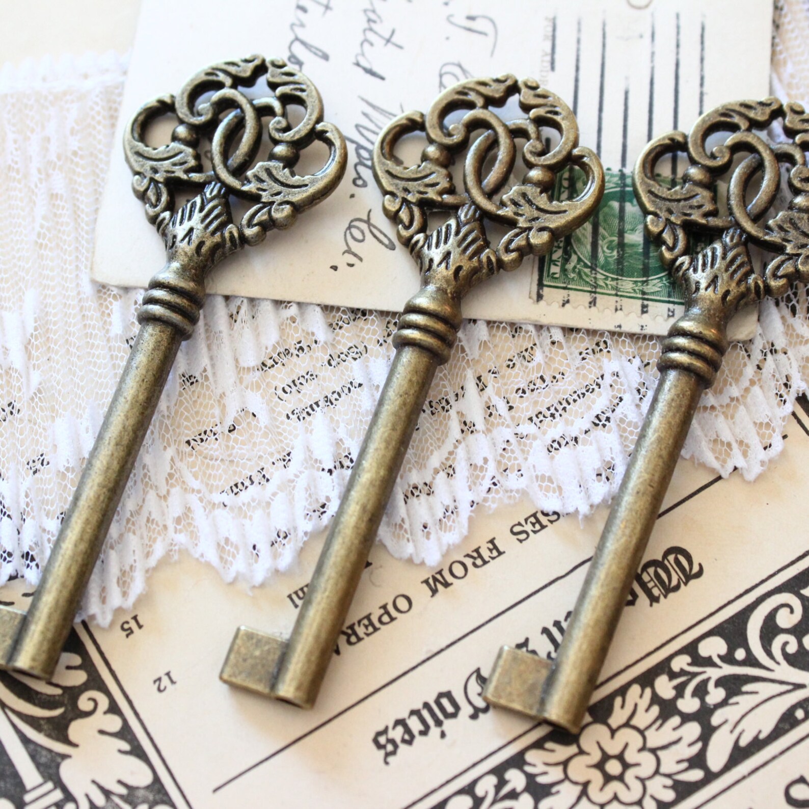 30 Extra Large Skeleton Key Giant 3 3/8"' Double Sided Antique Brass ...