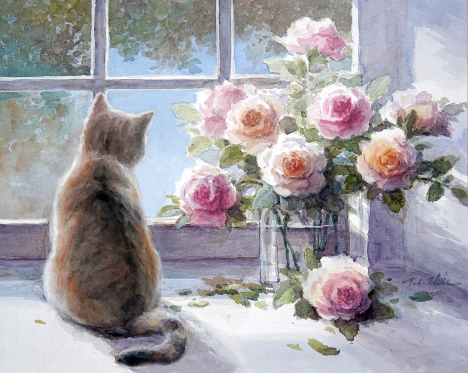 Cat Roses Art Print of Watercolor Painting Gift for Cat - Etsy