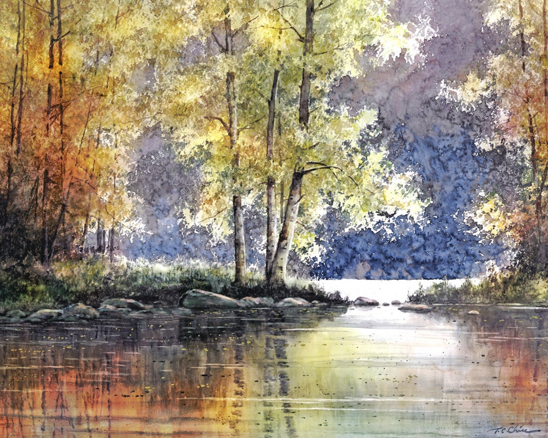 Fall Scene Art Print of Watercolor Painting - Trees, Nature, Lake ...