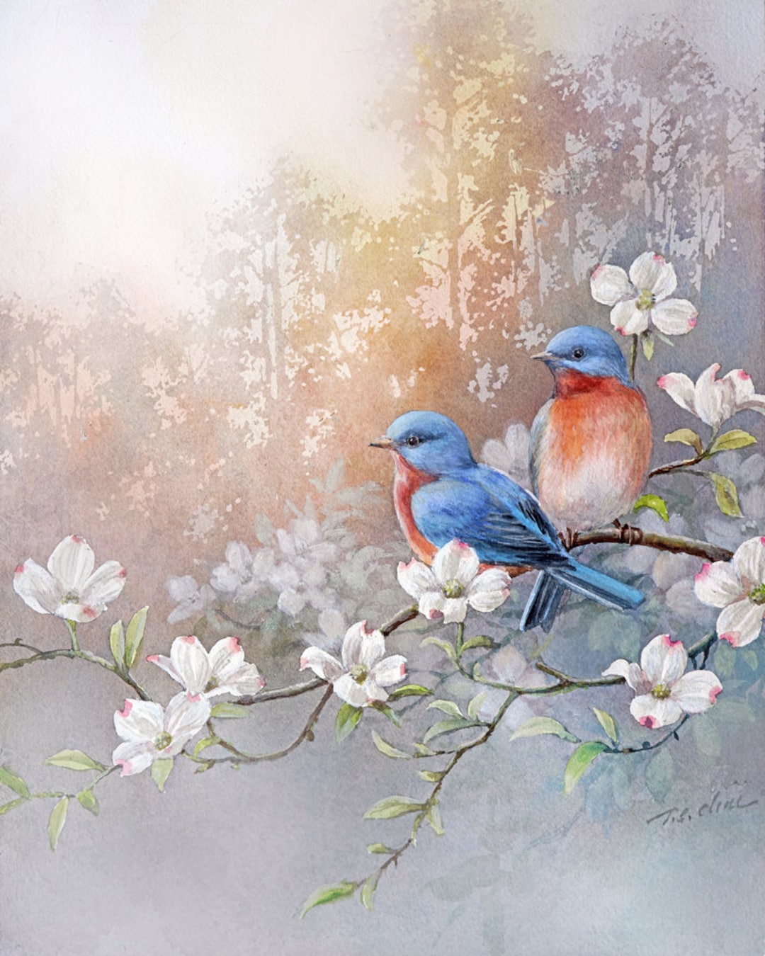 Blue Birds and White Flowers - Art Print of Watercolor Painting ...