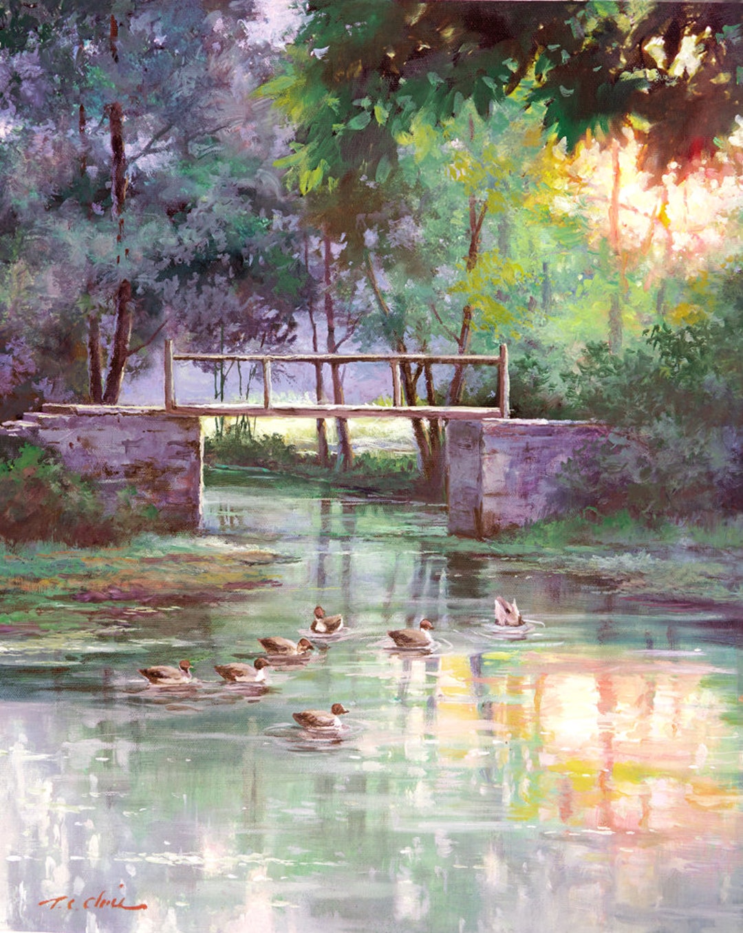 Spring Scene Art Print of Watercolor Painting - Trees, Ducks, Nature ...
