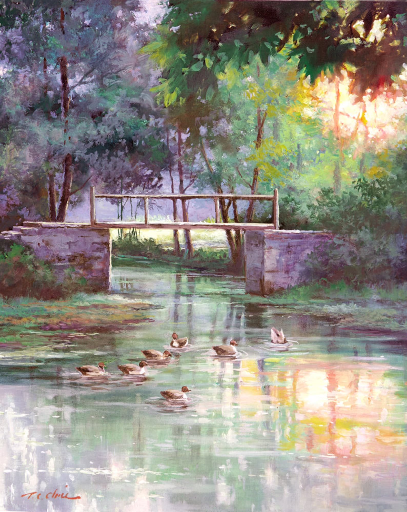 Spring Scene Art Print of Watercolor Painting Trees, Ducks, Nature ...
