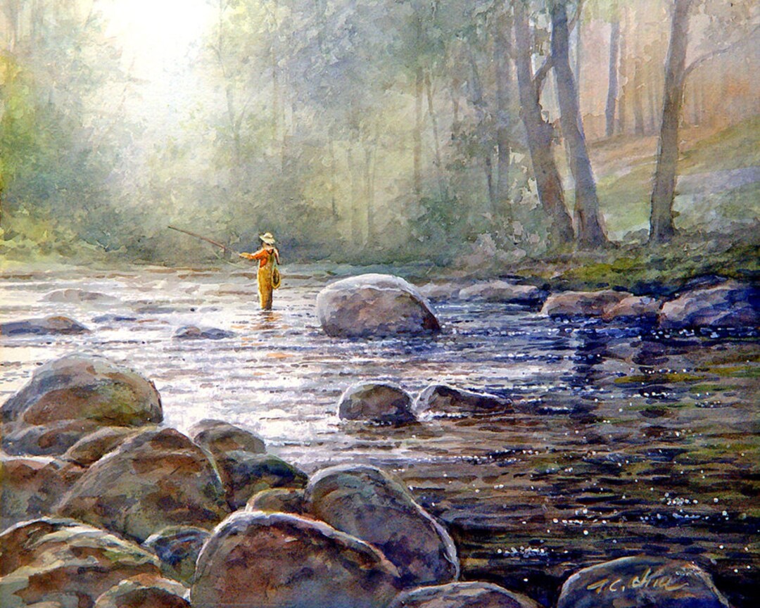 Fishing Art Print of Watercolor Painting - Stream, Trees, Nature Lovers ...