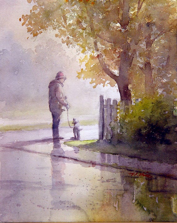 A Man and His Dog Friend Art Print of Watercolor Painting | Etsy