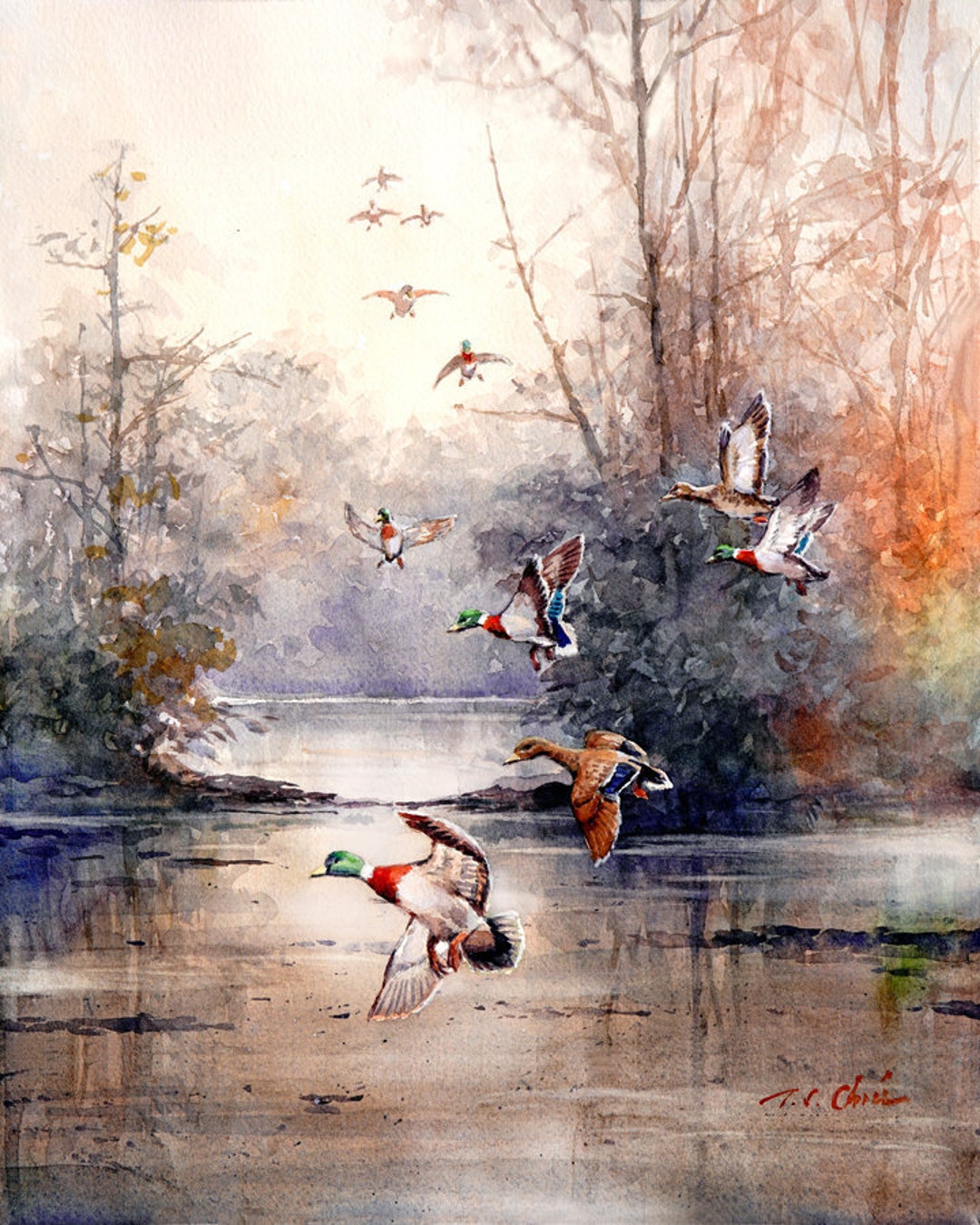 Ducks Art Print of Watercolor Painting Forest Wildlife, Trees, Lake ...