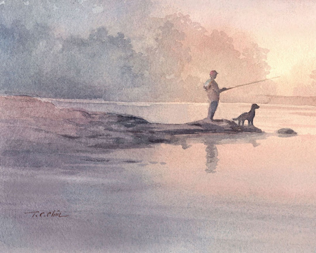 Boy and His Dog Friend Art Print of Watercolor Painting - Fishing ...