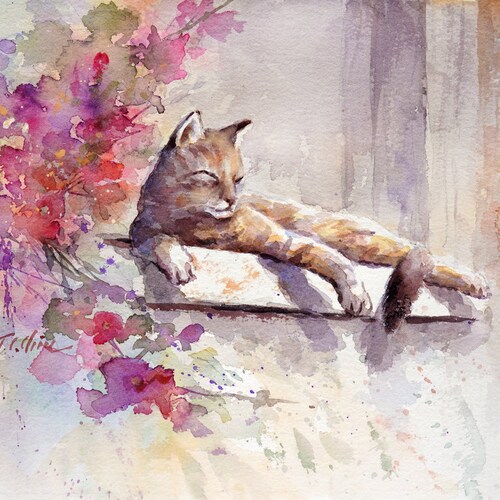 Cat Roses Art Print of Watercolor Painting Gift for Cat - Etsy
