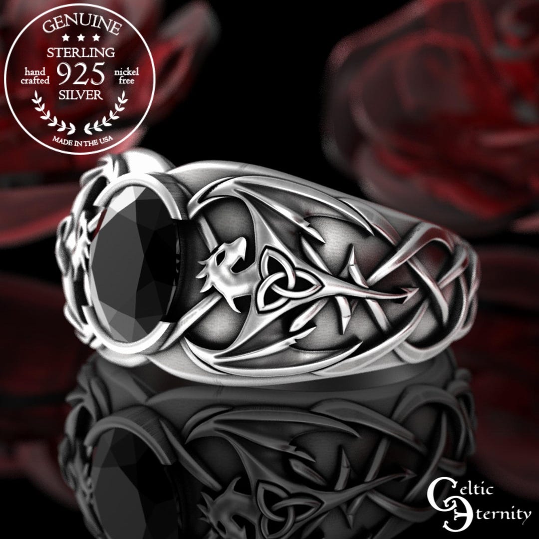 Sterling Silver & Onyx Dragon Ring, Celtic Gemstone Draconid Ring ...