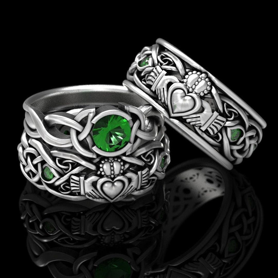 3 Ring Set, Claddagh Ring Set, Emerald Claddagh Ring Set, Matching ...