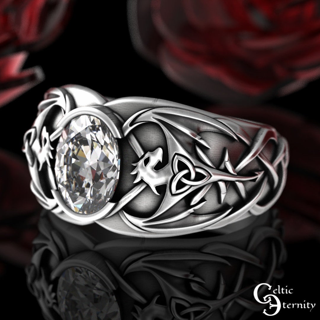 Sterling Silver & Moissanite Dragon Ring, Celtic Gemstone Draconid Ring ...