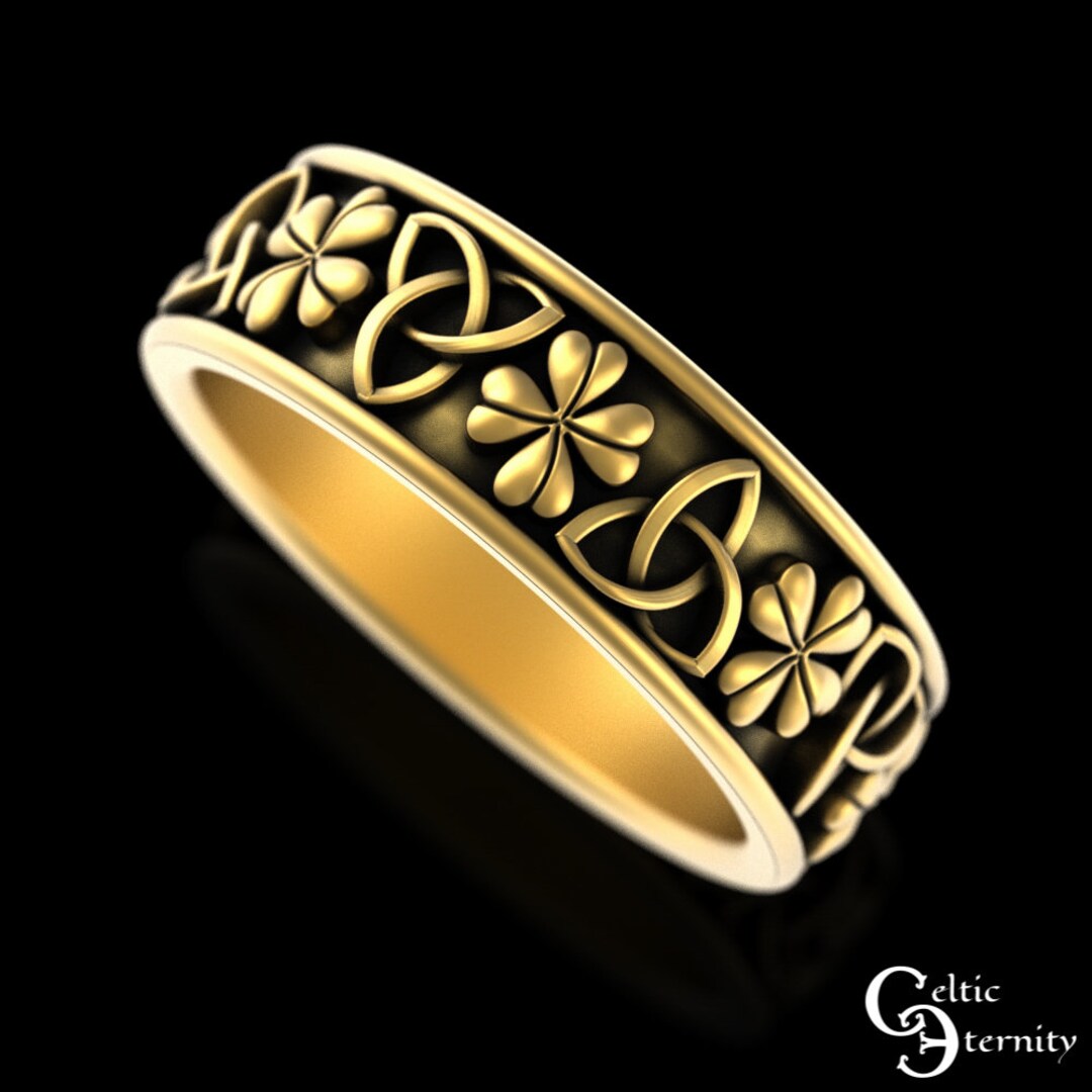 Mens Gold 4 Leaf Clover & Irish Trinity Ring, 14K Celtic Clover Wedding ...
