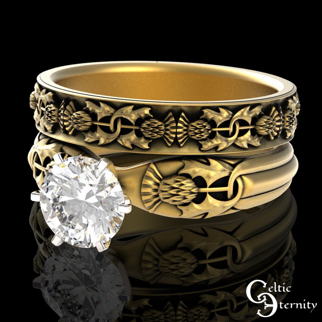 Gold Matching Thistle Engagement Ring Set, 10K Gold Moissanite Solitaire Ring, Scottish Matching ...