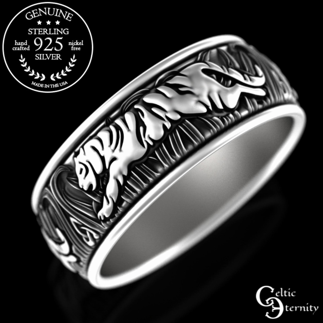 Mens Tiger Ring, Sterling Silver Wedding Band, Big Cat Ring, Tiger Cat ...