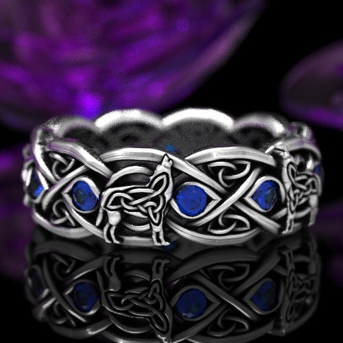 Sterling Silver Celtic Wolf Ring With Sapphires Sapphire | Etsy