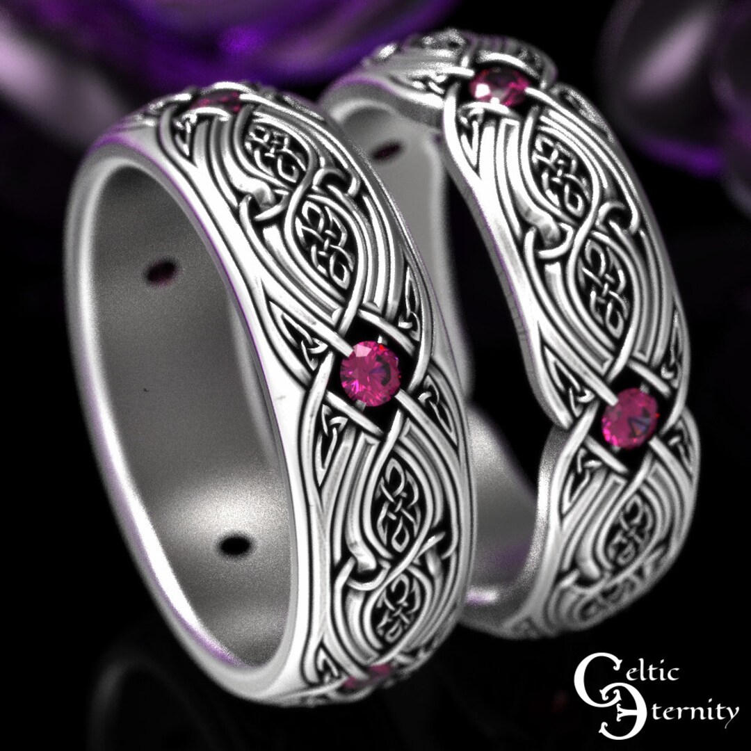Sterling Ruby Matching Wedding Ring Set, Silver Ruby Celtic Rings ...