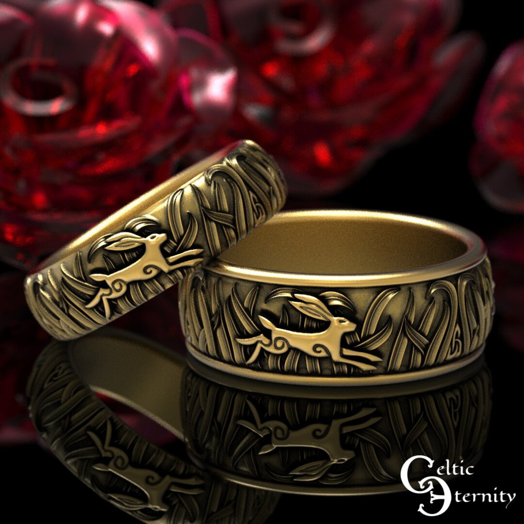 Gold Rabbit Wedding Ring Set, 10K Celtic Rabbit Rings, Matching Gold ...