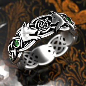 Emerald Wolves Wedding Band, Sterling Celtic Wolf Ring, Womens Wolf ...
