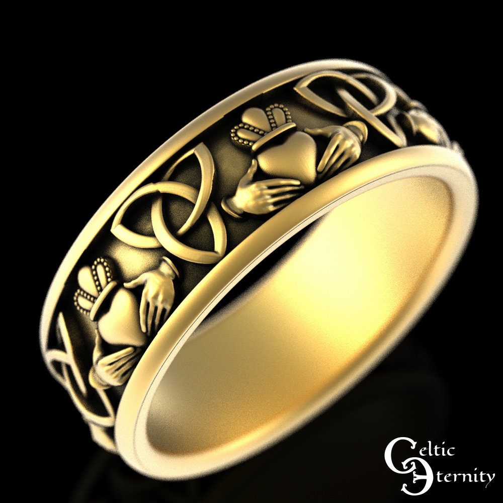 Gold Traditional Celtic Claddagh Ring, 10K 14K Claddagh Trinity Ring, Mens Irish Claddagh Ring ...