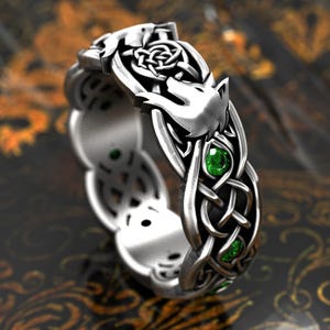 Emerald Wolves Wedding Band, Sterling Celtic Wolf Ring, Womens Wolf ...
